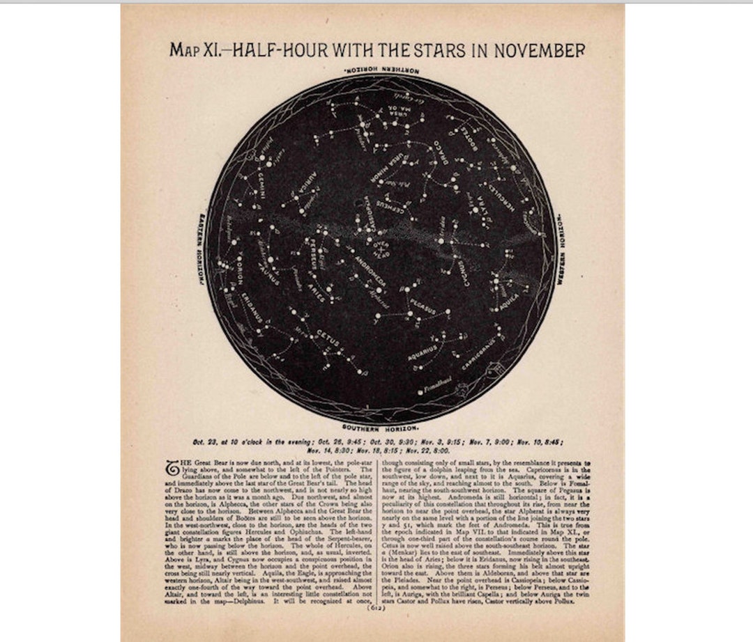 C. 1910 OCTOBER NOVEMBER • Constellations Star Map • Original Antique ...