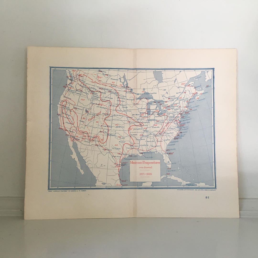 C. 1893 MAXIMUM TEMPERATURES Ever OBSERVED - Antique Lithograph - Map ...