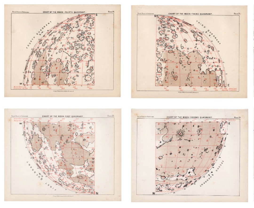 C. 1892 MOON CHART Lithographs • Set of 4 Original Antique Prints • 4 ...