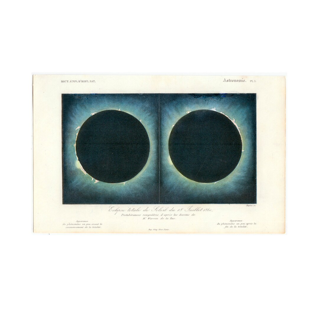 TOTAL SOLAR ECLIPSE Engraving C. 1849 • Original Antique Print ...
