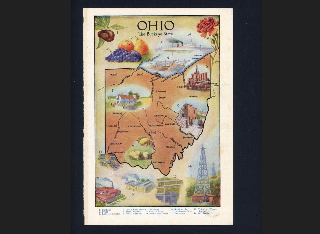 C. 1946 OHIO STATE Map - Original Vintage Print of the United States of ...