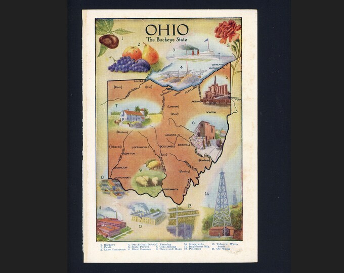 C. 1946 OHIO STATE Map - Original Vintage Print of the United States of ...