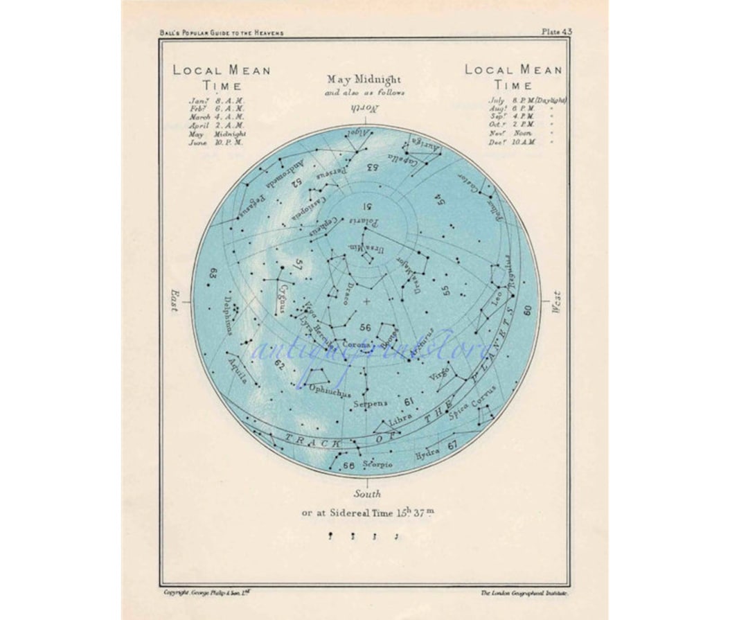 C. 1955 MAY or JUNE Star Map - Original Vintage Astronomy Print ...