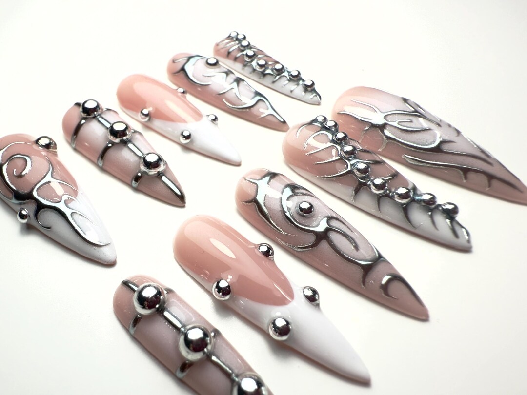 Maximalist French Tip and 3D Chrome Nail Art Long Stiletto Press on ...