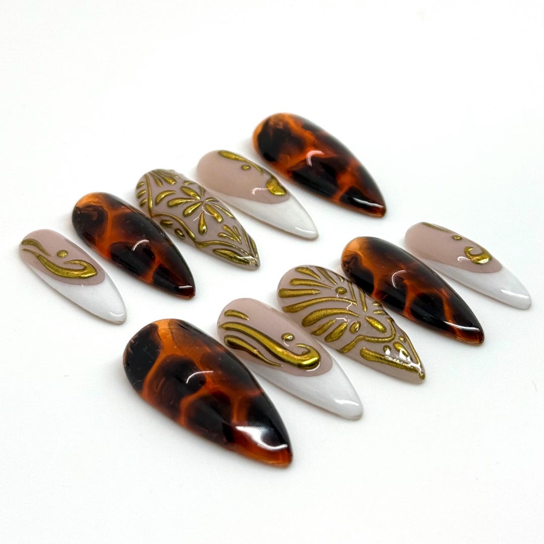 Tortoise Shell Nails With French Tips and 3D Gold Chrome Detailing - Etsy
