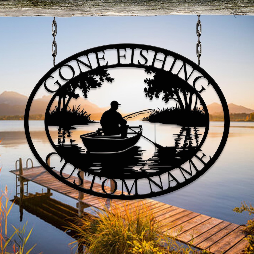 Metal Fishing Boat Scene Wall Art Fisher Name Sign Lakehouse Sign Cabin ...