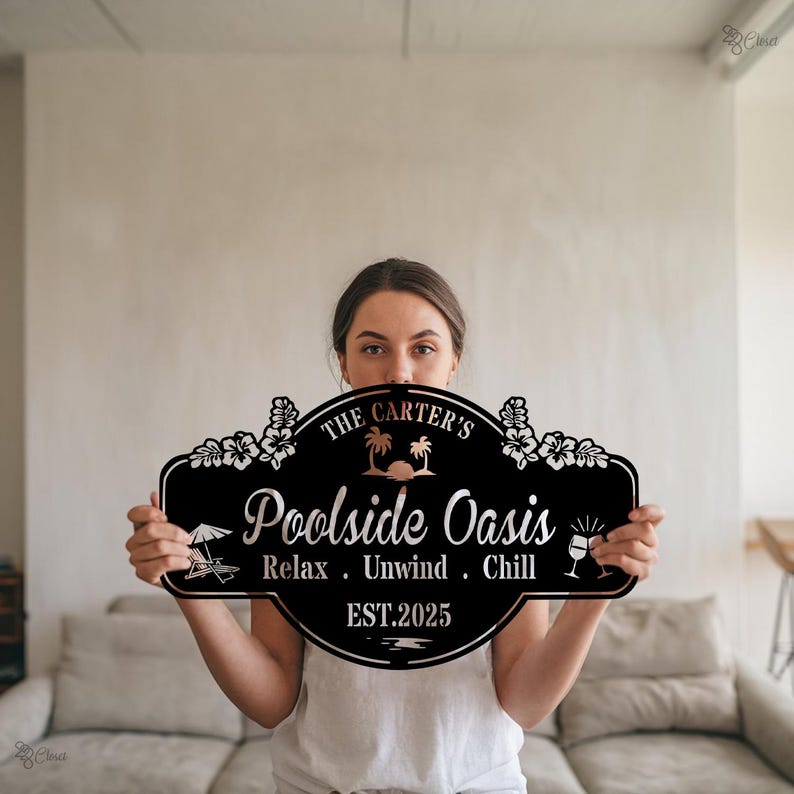 Custom Poolside Oasis Metal Sign, Personalized Outdoor Bar, Family ...