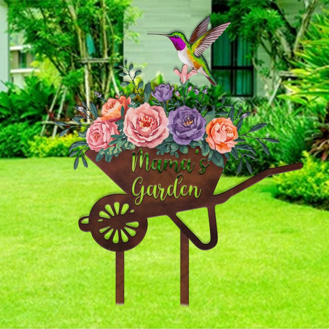 Personalized Hummingbird Garden Sign, Metal Yard Sign With Flowers ...
