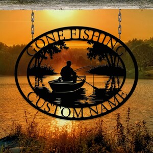 Metal Fishing Boat Scene Wall Art Fisher Name Sign Lakehouse Sign Cabin ...