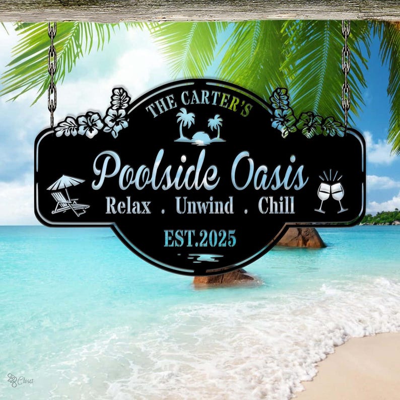 Custom Poolside Oasis Metal Sign, Personalized Outdoor Bar, Family ...