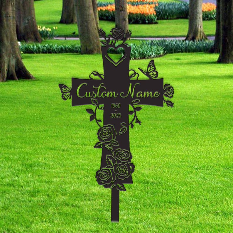 Personalized Cross With Rose Flowers Memorial Stake, Custom Cross Grave ...