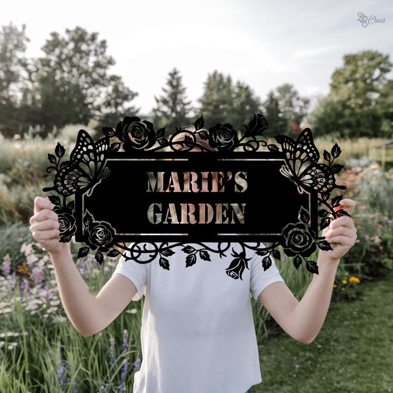 Custom Garden Sign With Butterflies and Roses, Marie’s Garden Hanging ...