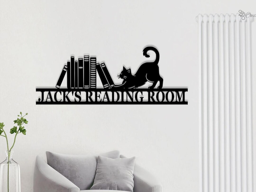 Custom Reading Room Sign, Personalized Cat & Books Metal, Library Sign ...