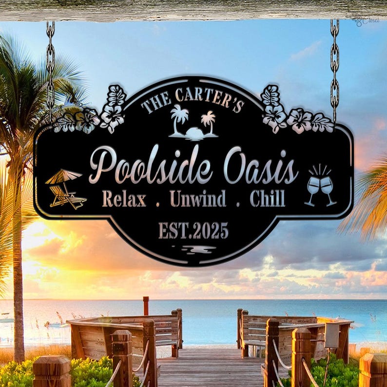 Custom Poolside Oasis Metal Sign, Personalized Outdoor Bar, Family ...