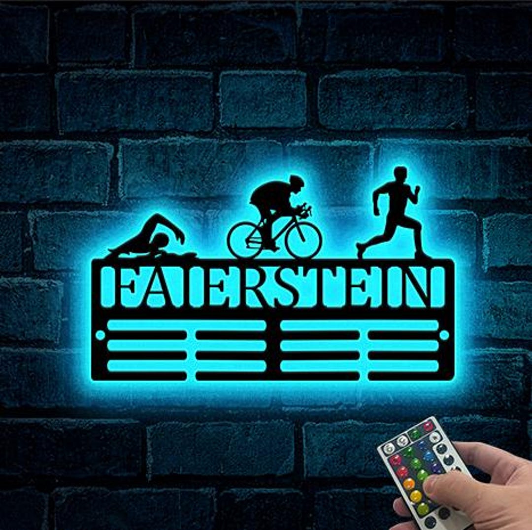Custom Triathlon Medal Holder LED Sign Swim Bike Run Rack Triathlon ...