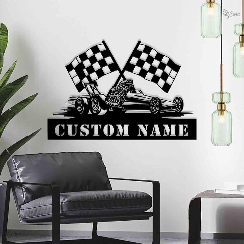 Custom Drag Racing Sign, Personalized Race Car Wall, Checkered Flag ...