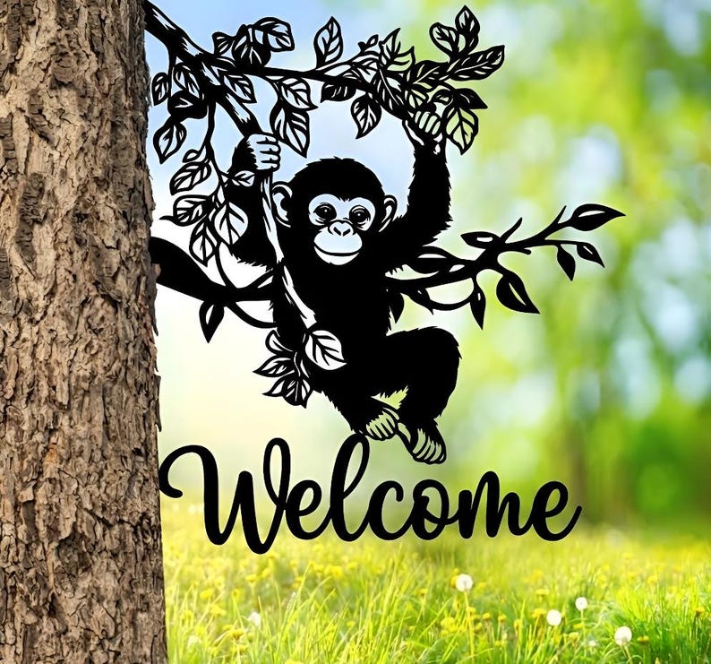 Monkey Welcome Sign Metal, Tree Hanging Monkey Decor, Jungle Animal ...