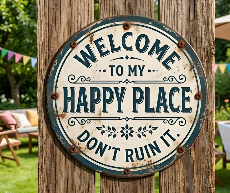 Rustic Welcome Sign Metal, Happy Place Garden Decor, Funny Outdoor Sign ...