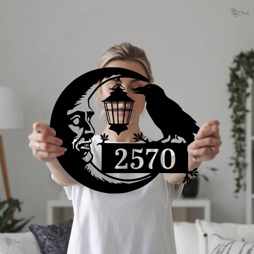 Custom Raven House Number Metal Sign, Metal Address Sign, Spooky House ...