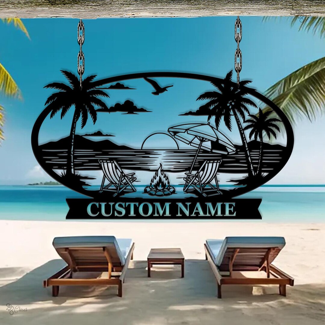Custom Beach Sunset Sign, Tropical Metal Decor, Personalized Beach Name ...