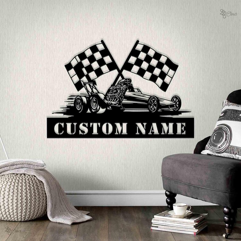 Custom Drag Racing Sign, Personalized Race Car Wall, Checkered Flag ...