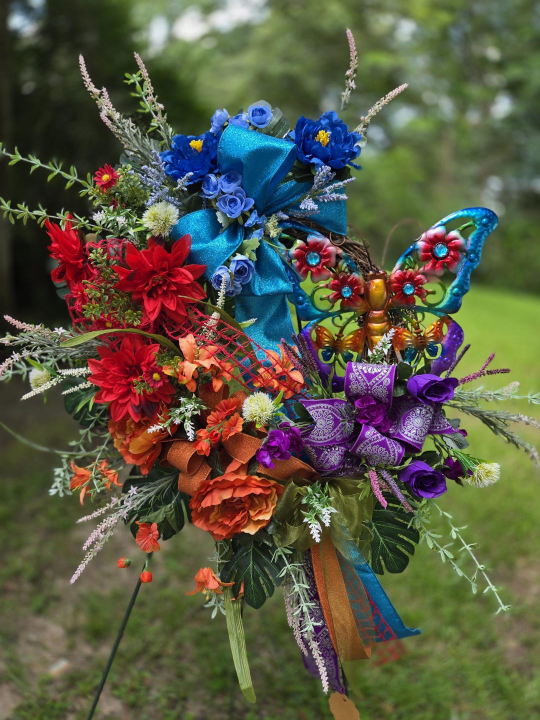 Grapevine Wreath With Metal Butterfly, Ribbons of Blue, Purple, Orange ...