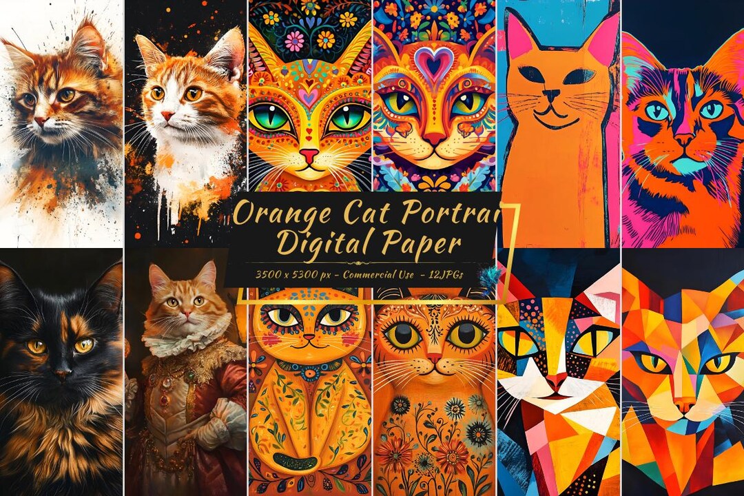 Orange Cat Portrait Digital Paper | 12 JPG | Cat Art Background ...