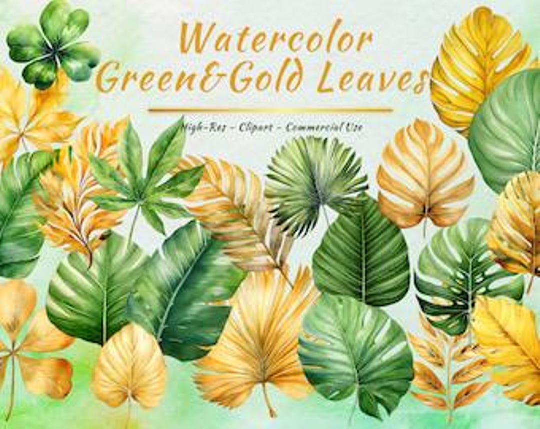 Green & Gold Tropical Leaves Clipart: Botanical PNG Bundle (digital ...