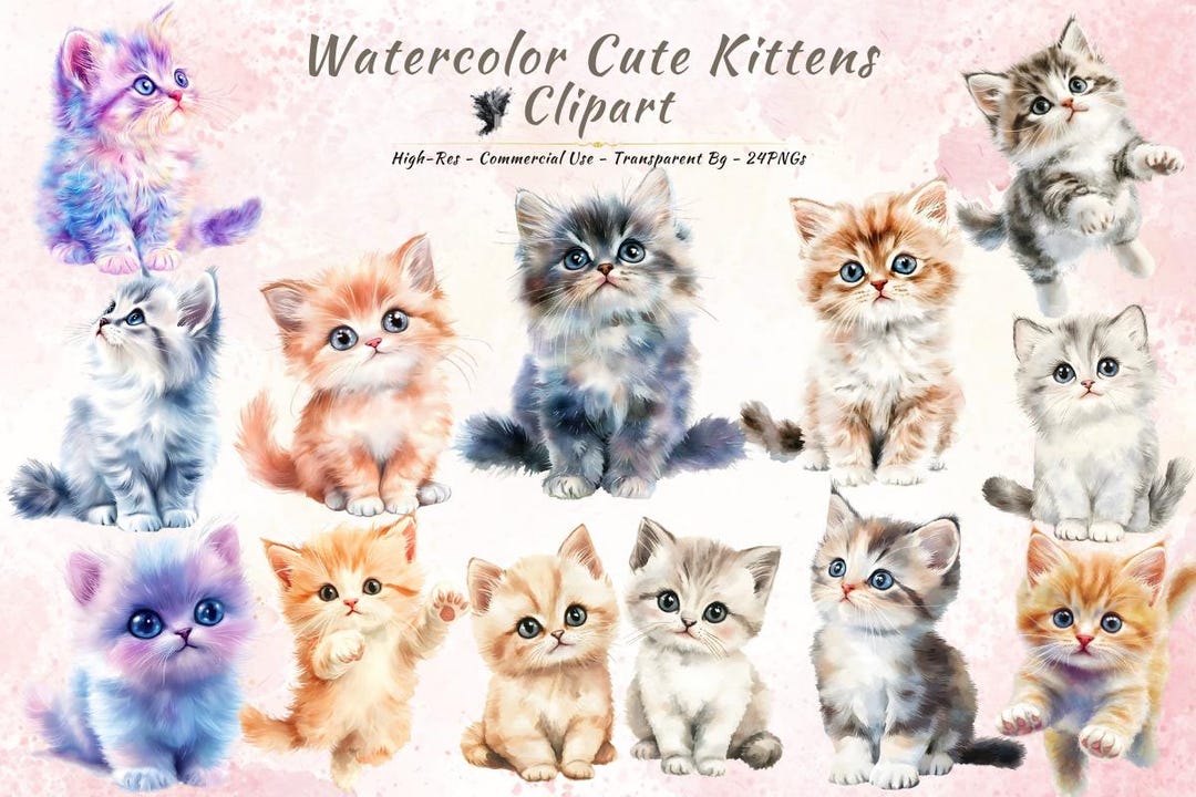 Watercolor Cute Kittens Clipart Bundle - 24 Pngs Digital Download ...