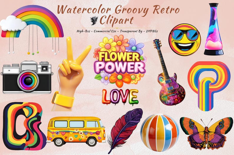 Watercolor Groovy Retro Clipart | 70s Hippie PNG Bundle | Flower Power Graphics | Commercial Use ...