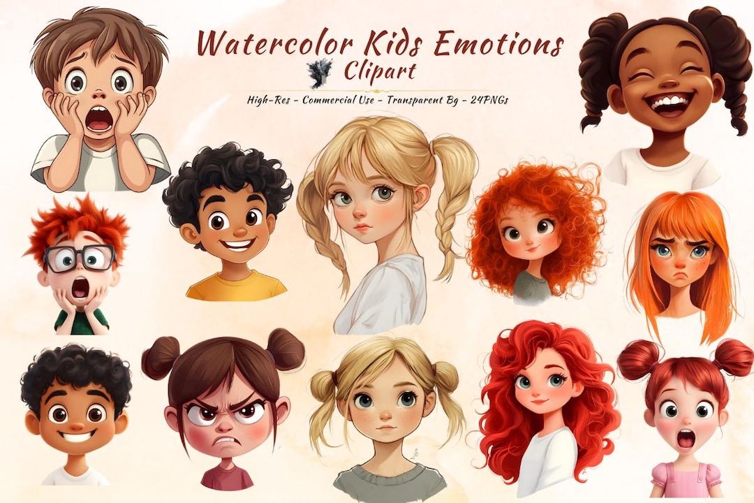 Watercolor Kids Emotions Clipart | Cute Child Faces PNG | Digital ...
