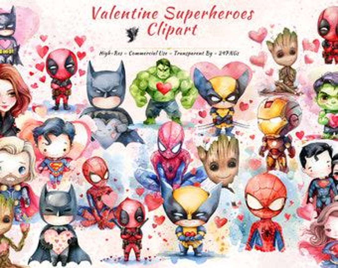 Kawaii Valentine Superheroes PNG Clipart Chibi Superheroes in Love - Etsy