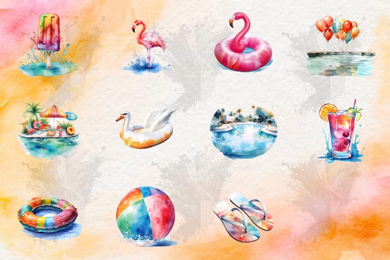 Pool Party Clipart Bundle, Watercolor Summer Swim Birthday Graphics (20 ...