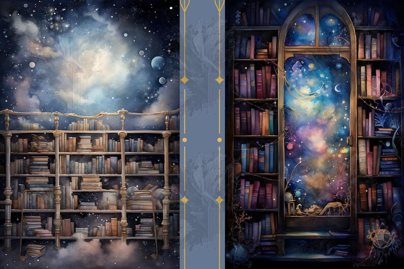 Celestial Bookshelf Digital Paper Pack | Mystical Wizard Library ...