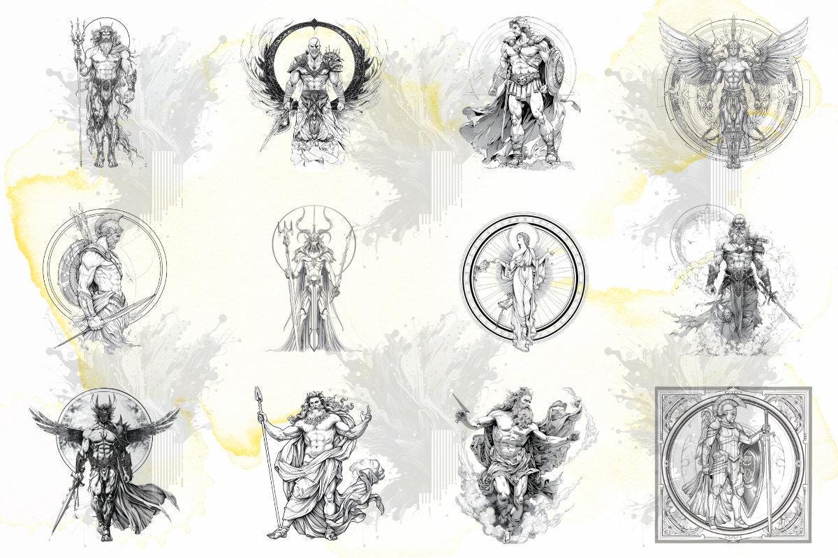 Greek Mythology Clipart Bundle, Zeus Hades Poseidon Gods Black Line Art ...