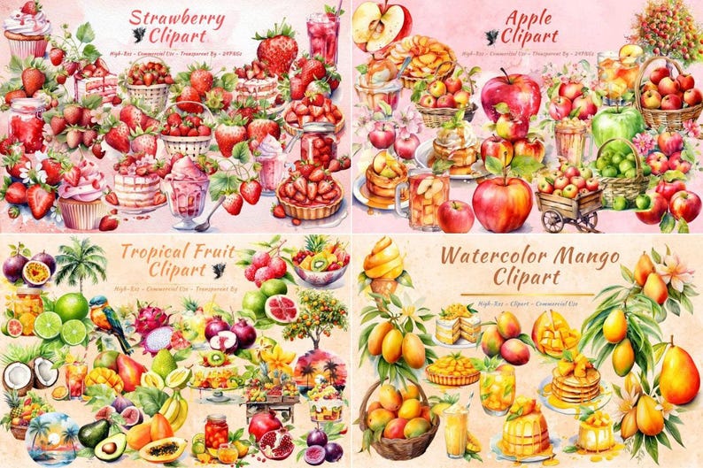 Fruit Clipart Bundle, Watercolor Summer Berries Apple Peach Orange ...