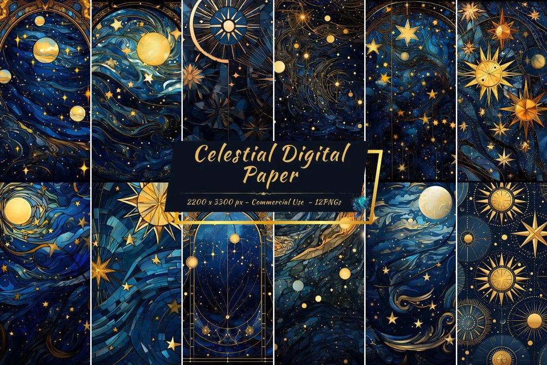 Celestial Moon Stars Digital Paper, Galaxy Night Sky Witchy Backgrounds ...