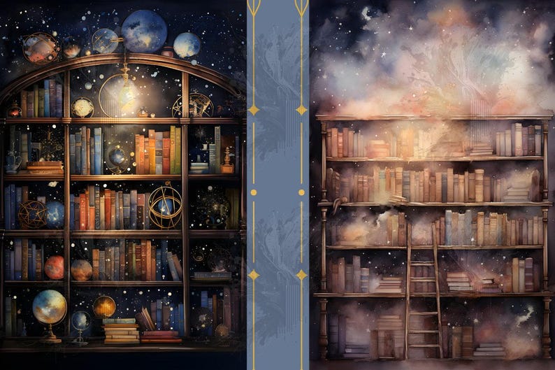 Celestial Bookshelf Digital Paper Pack | Mystical Wizard Library ...