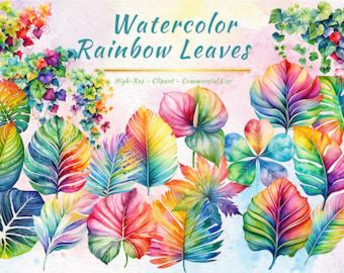 Rainbow Tropical Leaves Clipart: PNG Botanical Bundle (digital Download ...