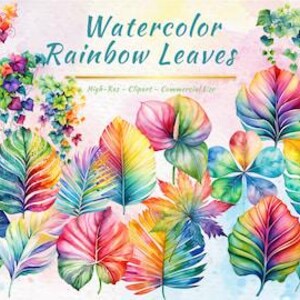 Rainbow Tropical Leaves Clipart: PNG Botanical Bundle (digital Download ...