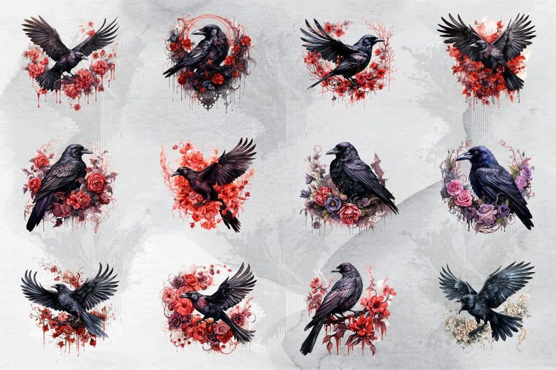 Gothic Raven and Crow PNG Clipart Collection | Floral Halloween Clipart ...