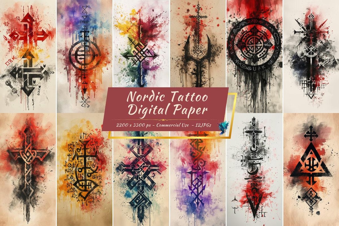 Nordic Tattoo Design Digital Paper Collection | Digital Norse Symbols ...
