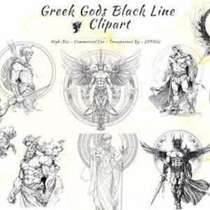 Greek Mythology Clipart Bundle, Zeus Hades Poseidon Gods Black Line Art ...