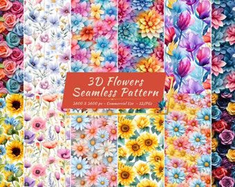 3D Flower and Rolled Flower Seamless Pattern Digital Paper Pack ...