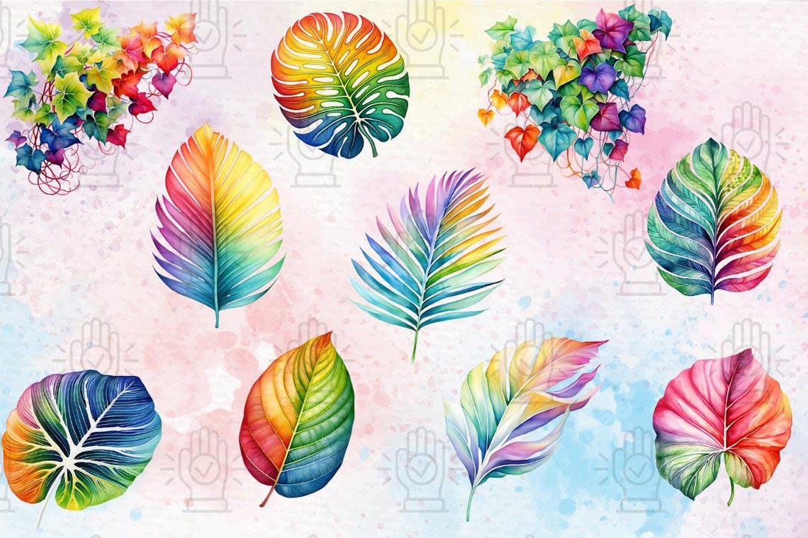 Rainbow Tropical Leaves Clipart: PNG Botanical Bundle (digital Download ...