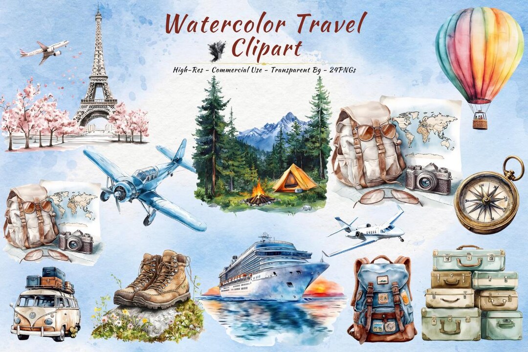 Watercolor Travel Clipart | Adventure PNG Bundle | Camping Hiking ...