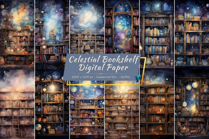 Celestial Bookshelf Digital Paper Pack | Mystical Wizard Library ...