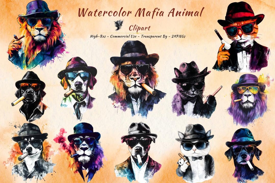 Mafia Animal Watercolor Clipart | Cool Gangster Lion, Dog, Cat PNG ...