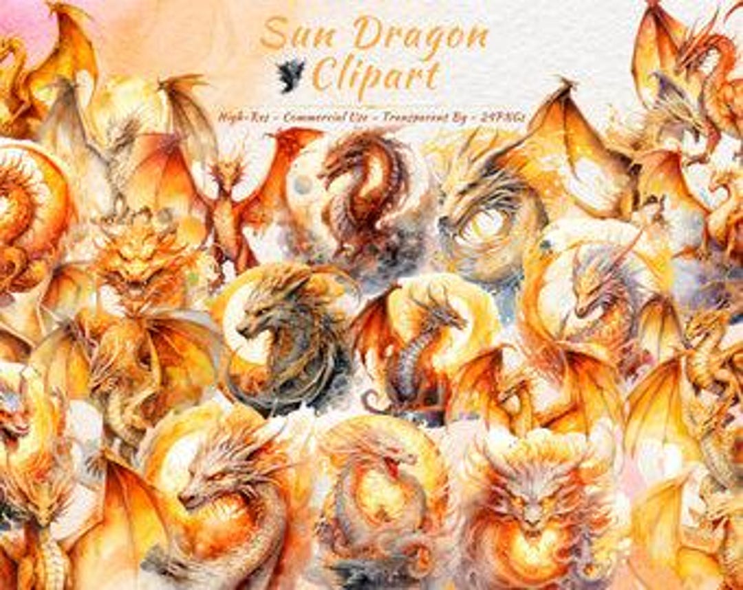 Sun Dragon Clipart Bundle, Celestial Fire Mystical Fantasy Red Gold (20 ...