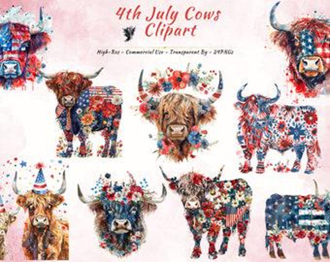 4th of July Highland Cow PNG Collection | USA Independence Day Iconic ...